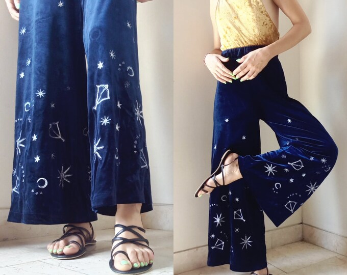 Velvet Star Pants Navy Blue Celestial Astrology High Waist Palazzo ...