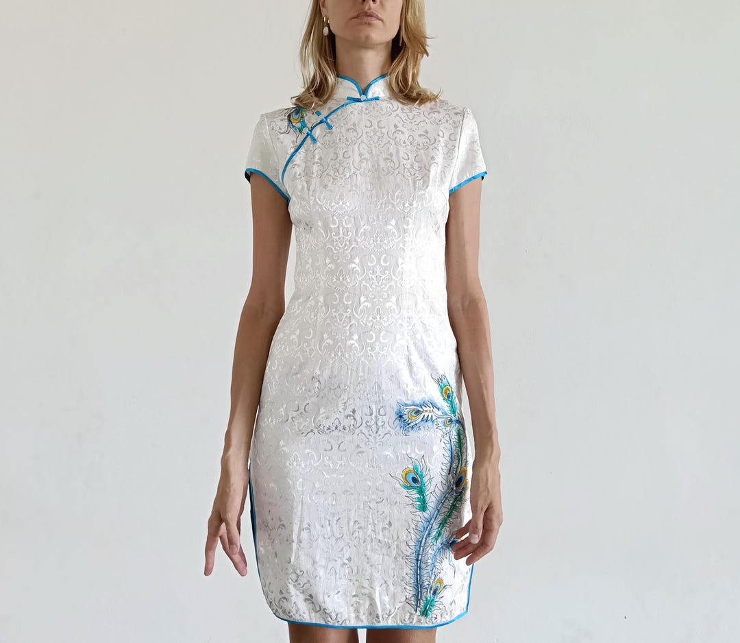 Vintage 90s Y2K Chinese Asian Dress White Wedding Dress Turquoise ...