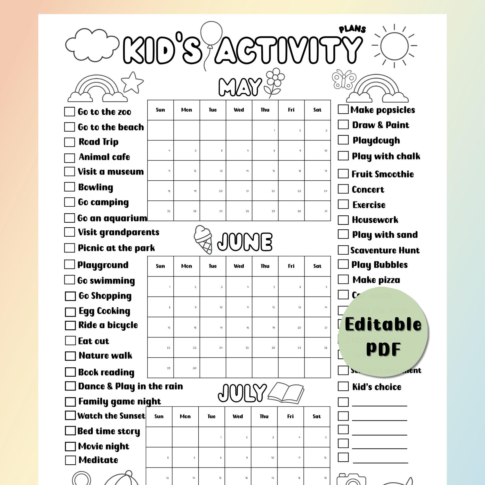 Printable Kid’s Calendar Activity Plan Poster | Editable Schedule | Fun ...