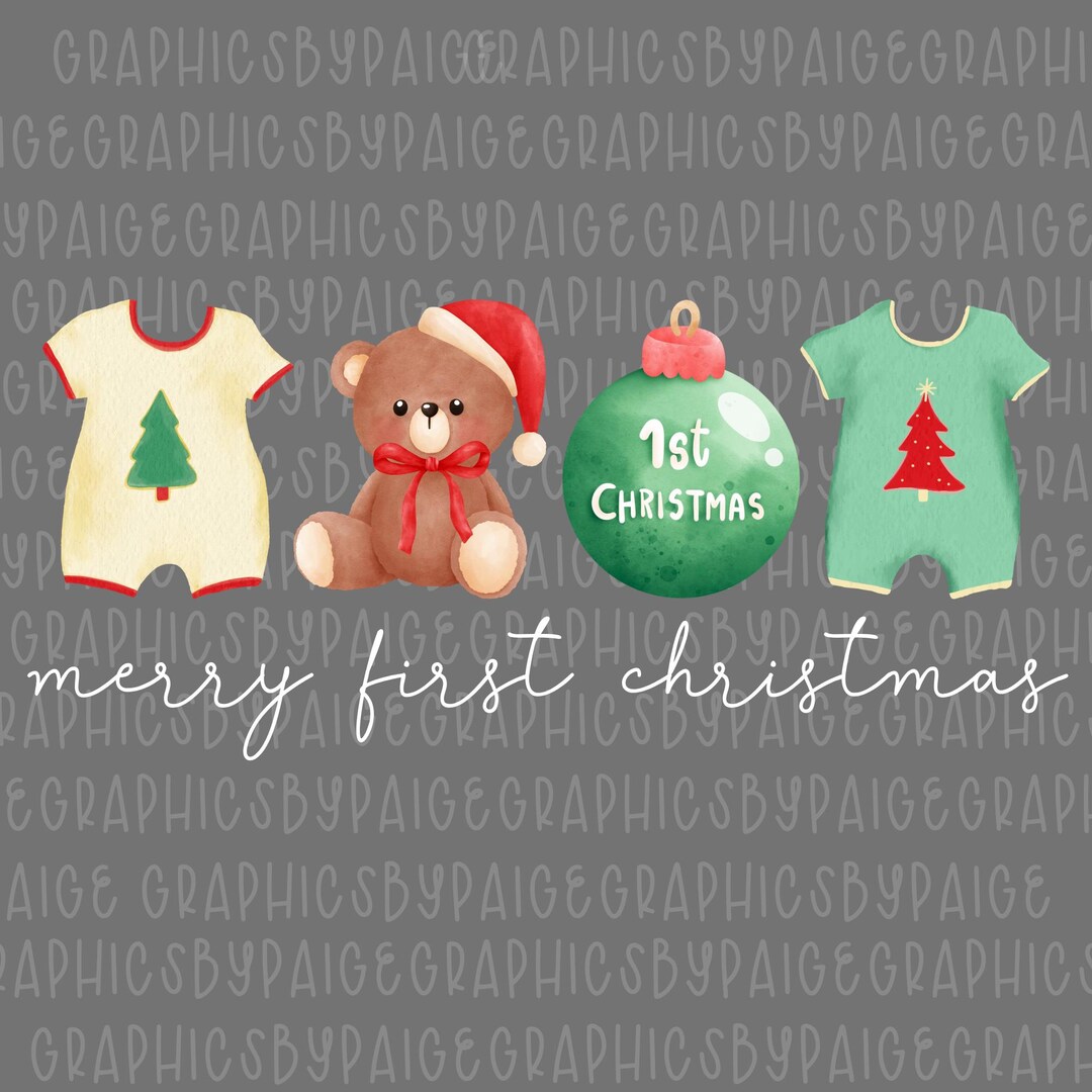 Merry First Christmas PNG | Watercolor Teddy Bear, Ornament (digital ...
