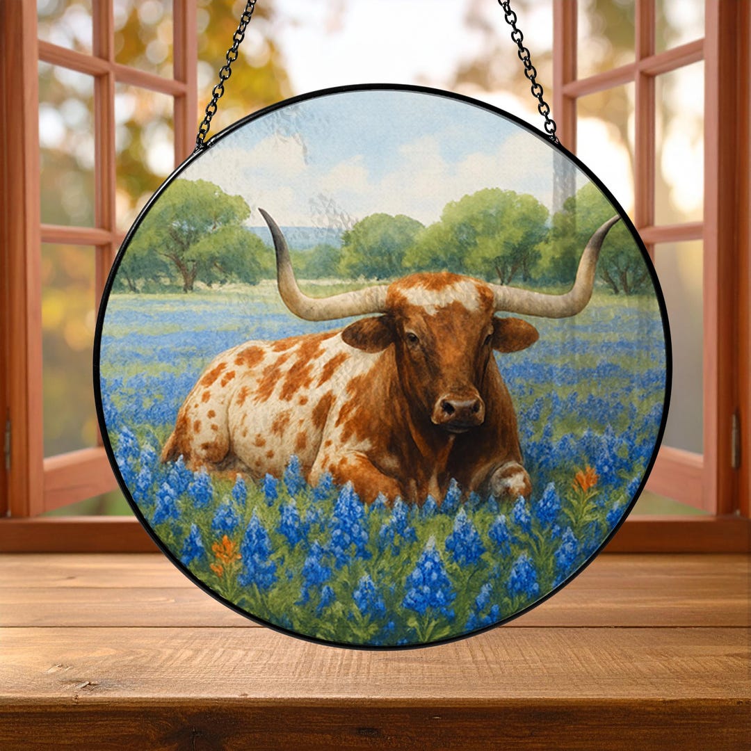 Texas Longhorn & Bluebonnet Stained Glass Suncatcher: Texas Decor - Etsy