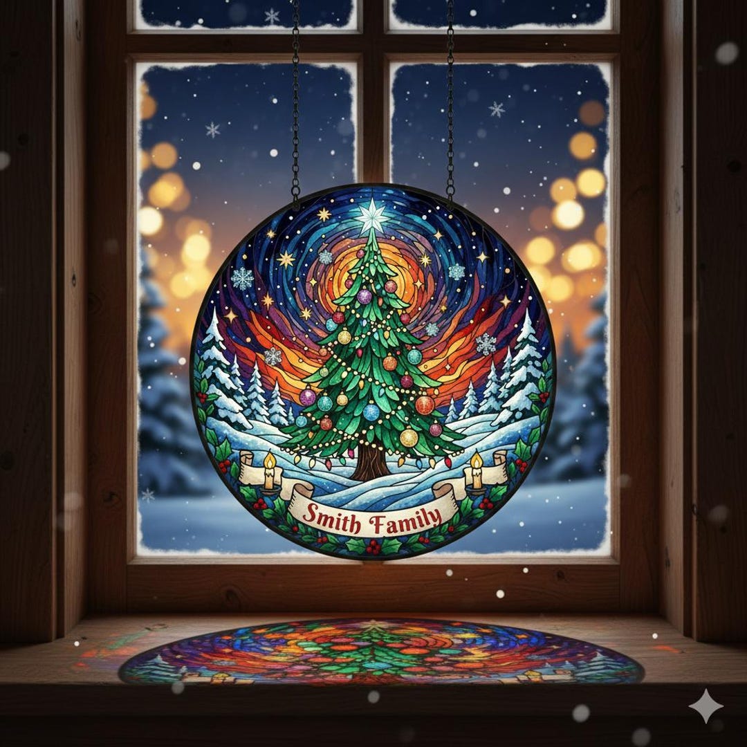 Custom Starry Night Christmas Tree Stained Glass Suncatcher, Winter ...