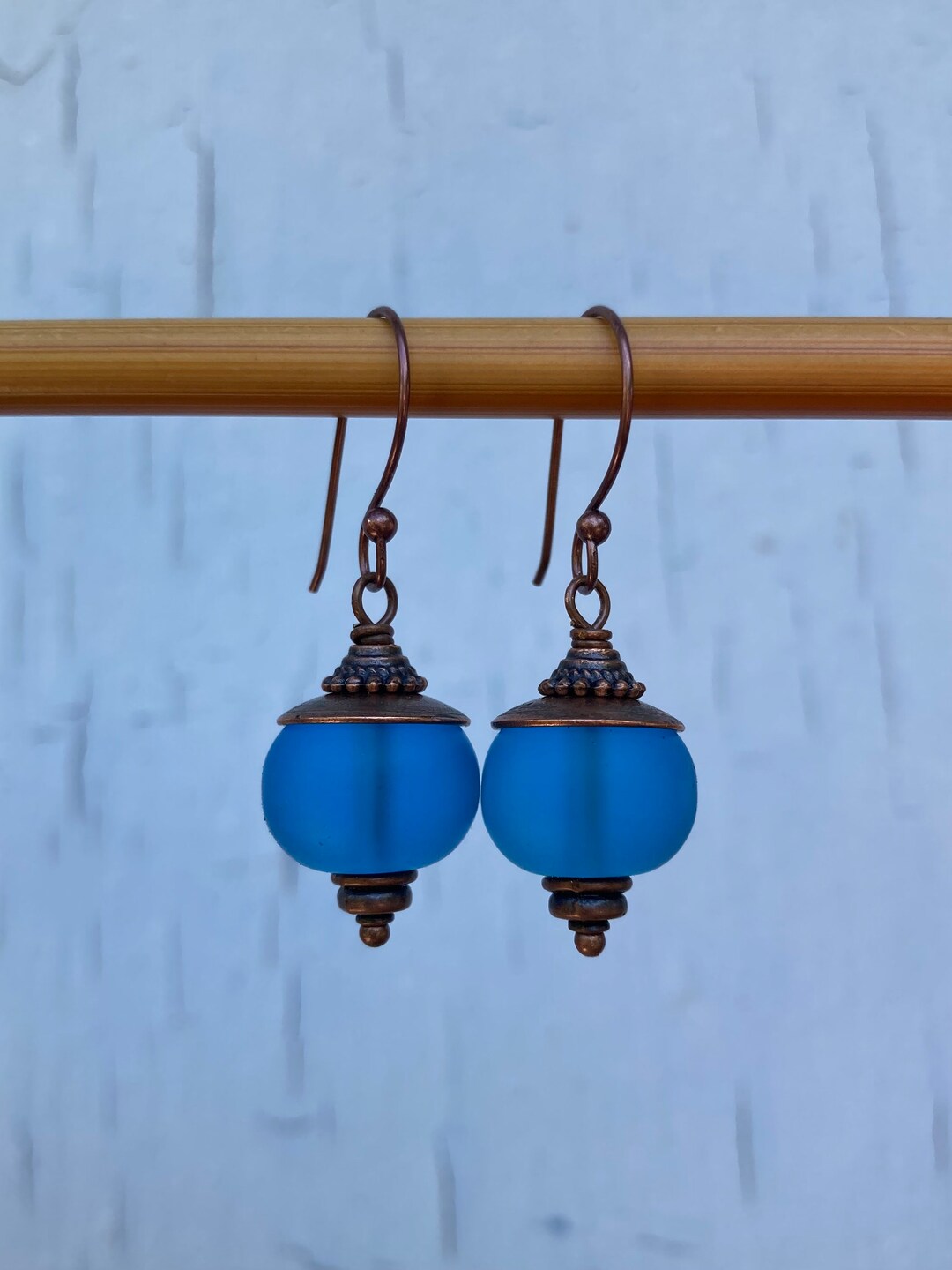Copper & Blue Glass Globe Dangles Recycled Glass Lantern Earrings on ...