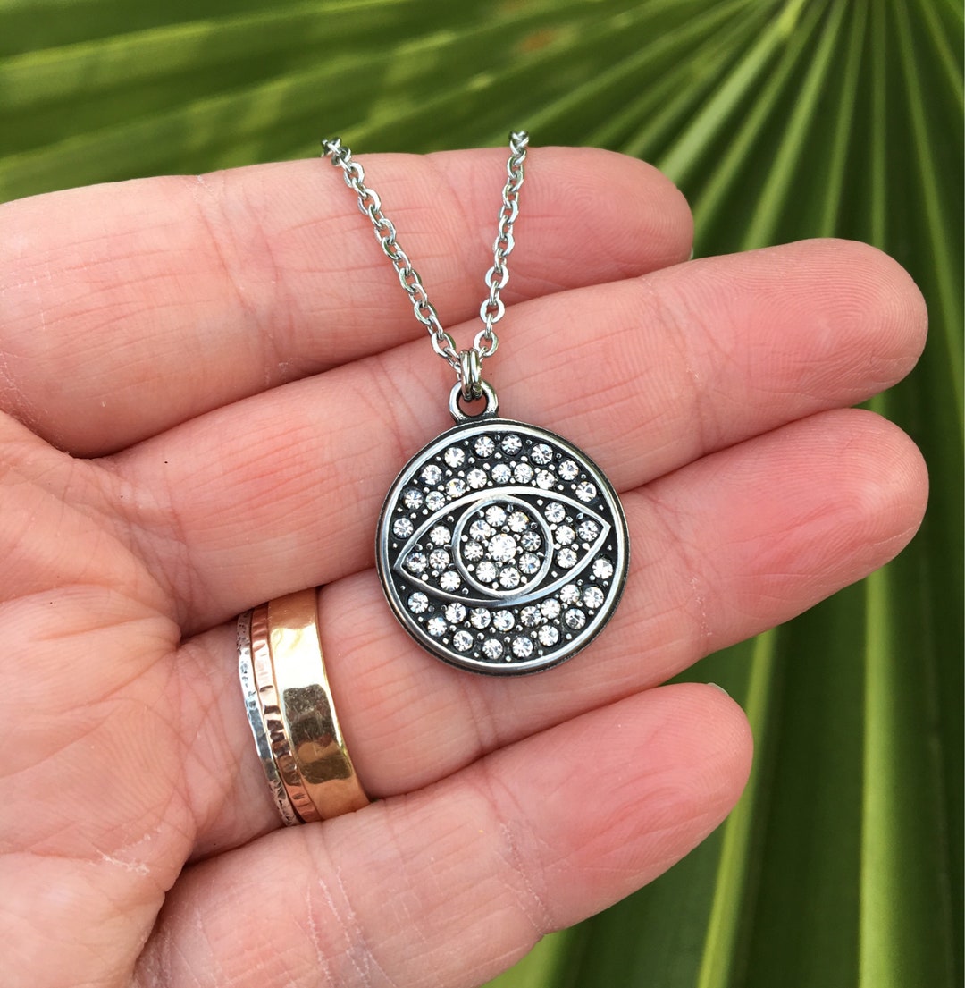 Rhinestone Evil Eye Necklace | Pave Style Blue Crystal Evil Eye in ...