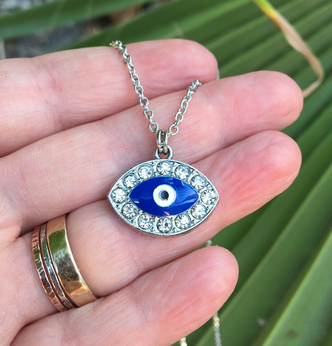 Buy Rhinestone Evil Eye Necklace Silver & Egyptian Blue Enamel ...