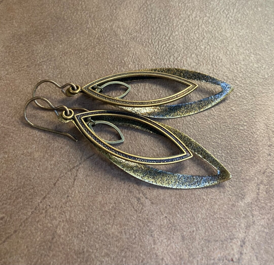 Long Pointy Antique Brass Diamond Dangles Layered Hammered Look Horse ...