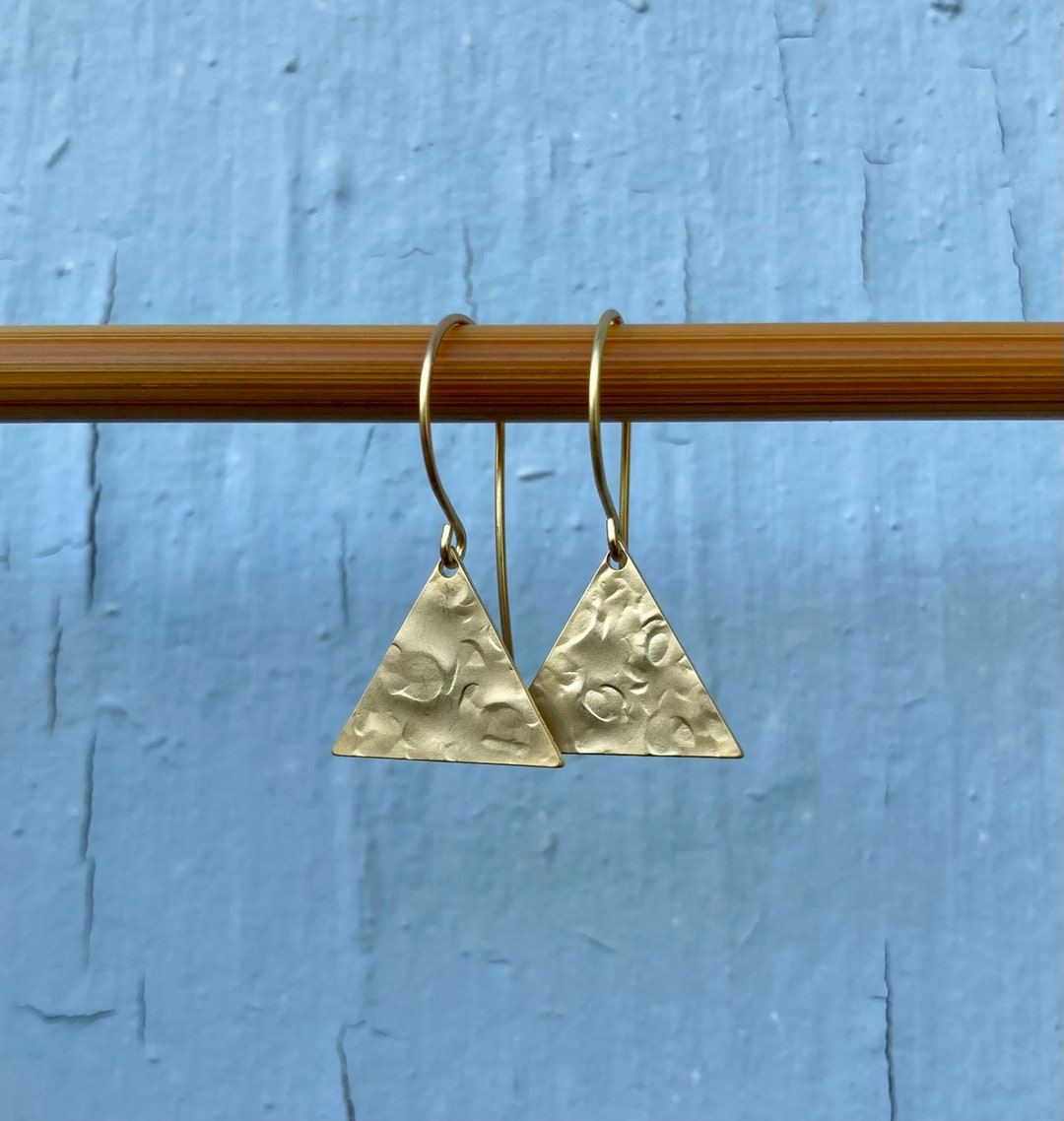 Satin Gold Hammered Triangle Dangles Simple Textured Matte Finish Pale ...
