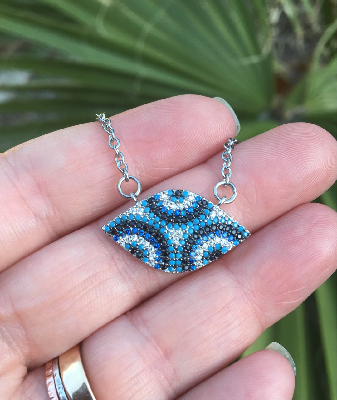 Rhinestone Evil Eye Necklace | Silver & Blue Sparkling Crystal ...