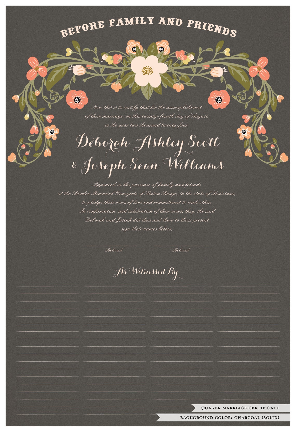 Quaker Marriage Certificate and Wedding Certificate Flower - Etsy