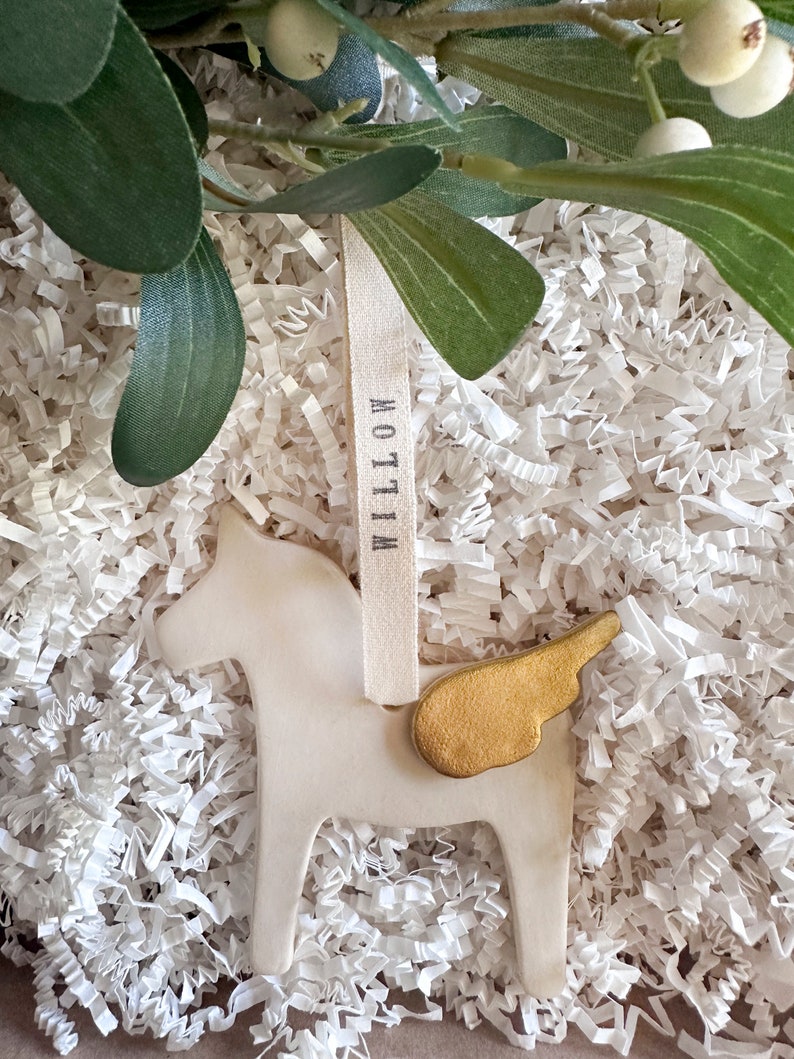 Personalized Ceramic Dala Horse Ornament With Gold or Silver Angel Wing ...