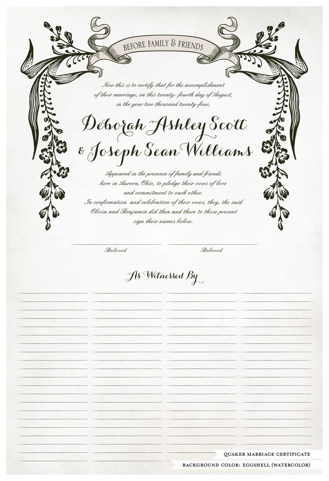 Quaker Marriage Certificate and Wedding Certificate - Wild Flowers - Etsy