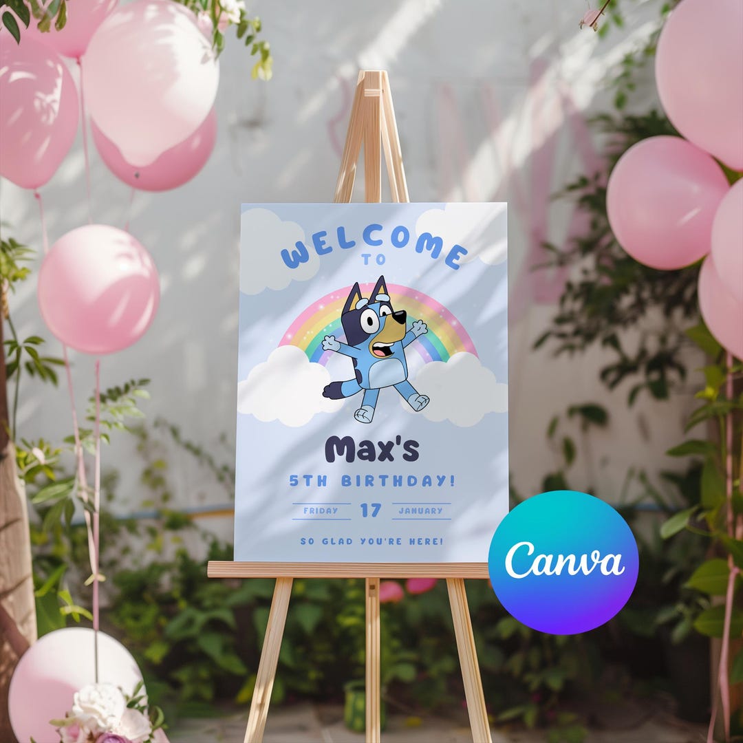 Rainbow Bluey Welcome Sign Birthday, Editable Bluey Birthday Sign ...