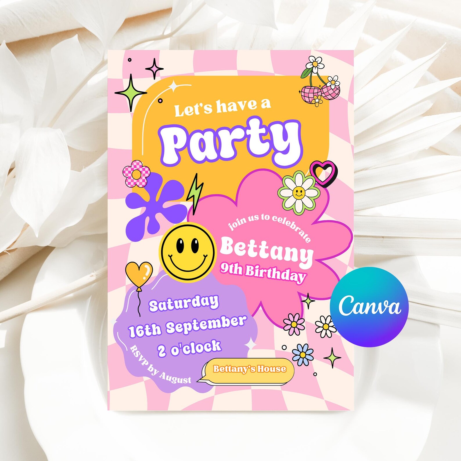 Digital Invitation Checkered Smiley Face Birthday Invite, Groovy Retro ...