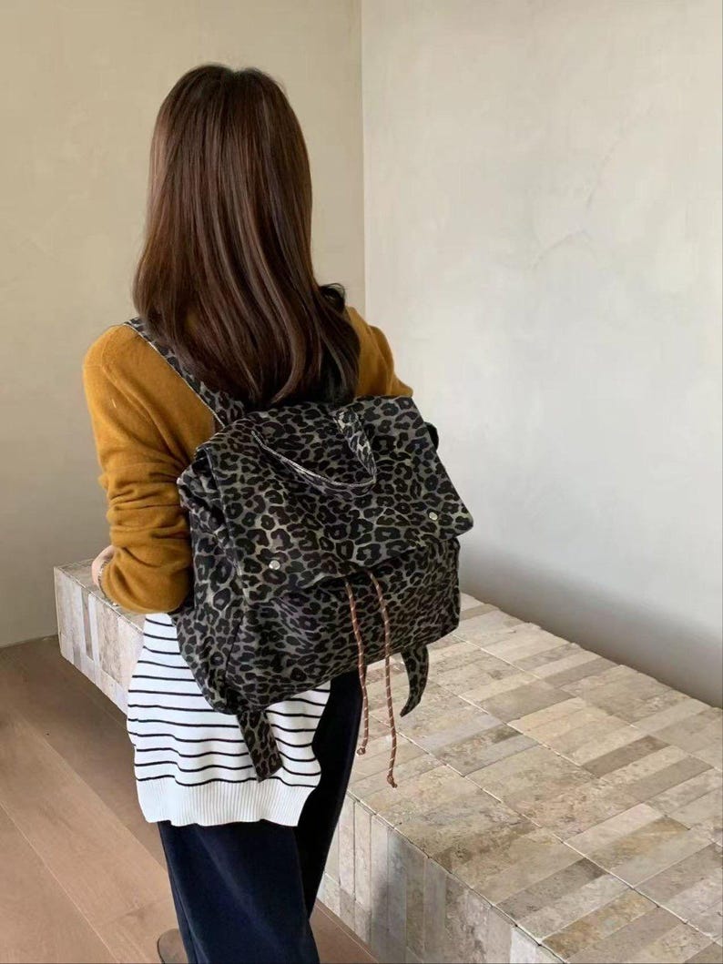 Leopard Print Backpack | Y2K Retro Animal Print Rucksack | Casual ...