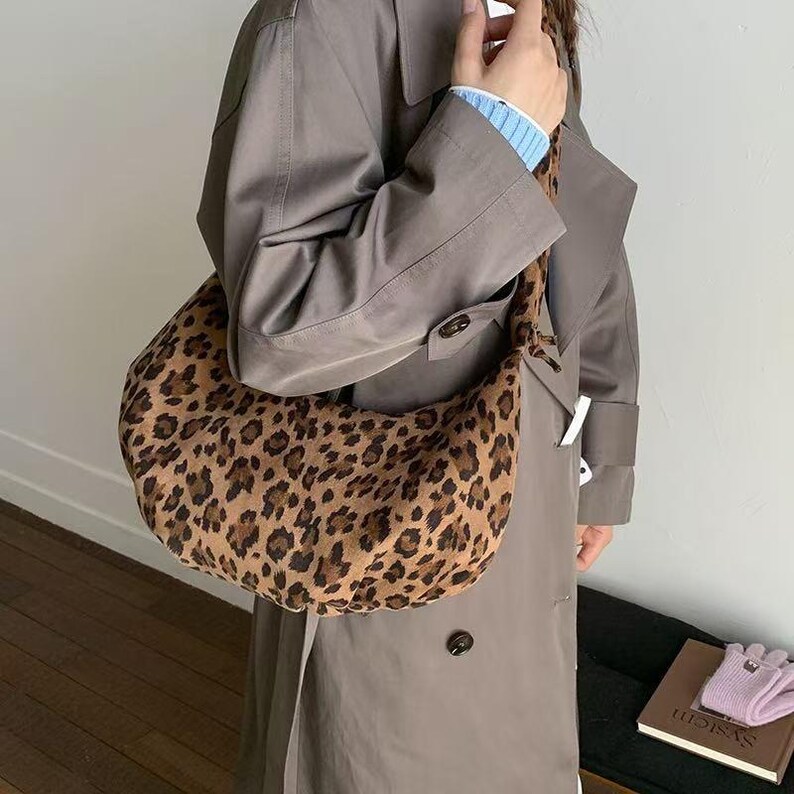 Leopard Shoulder Bag, Scrunch Strap Hobo Bag, Y2K Leopard Purse, Soft ...