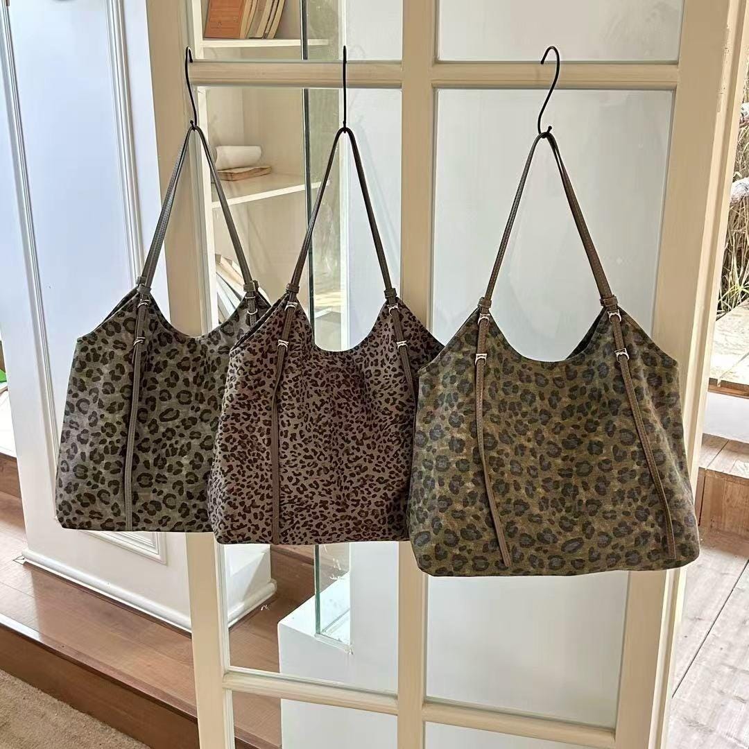 Leopard Print Canvas Tote Bag, Large Slouchy Shoulder Bag, Soft Animal ...