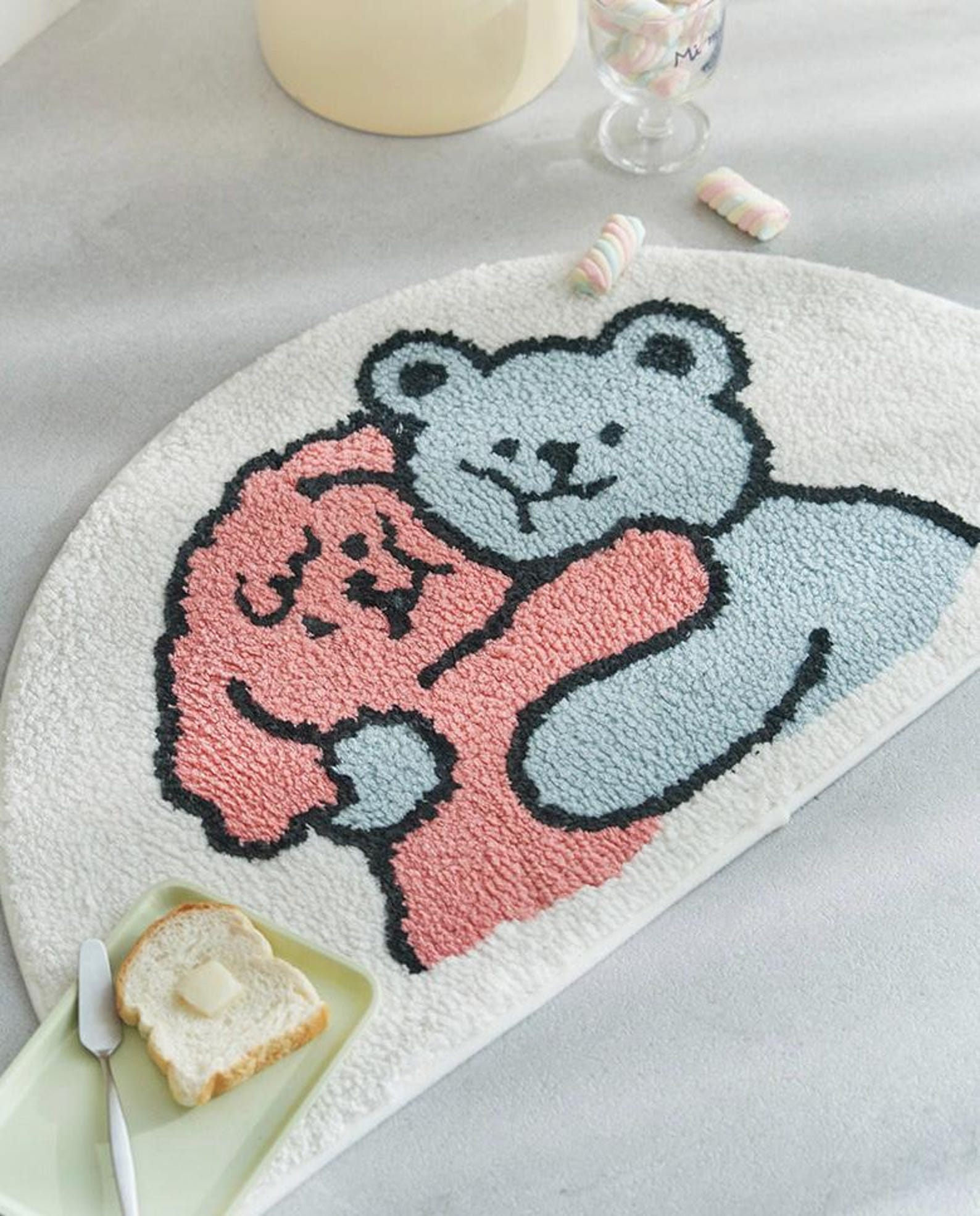 Retro Kitsch Bear Half Moon Bath Mat – Cute Colorful Rug for Kids Room ...