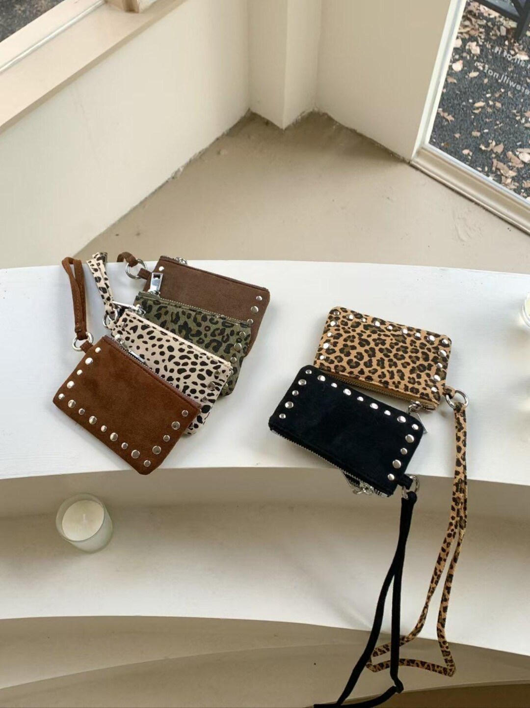 Studded Suede Mini Wallet Crossbody Bag, Animal Print Card Holder ...