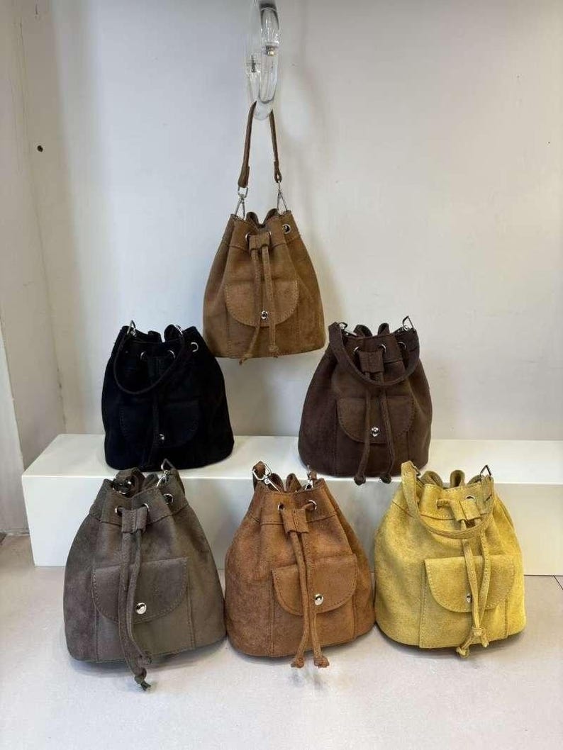 Suede Mini Bucket Bag, Small Crossbody Purse, Vintage Drawstring ...