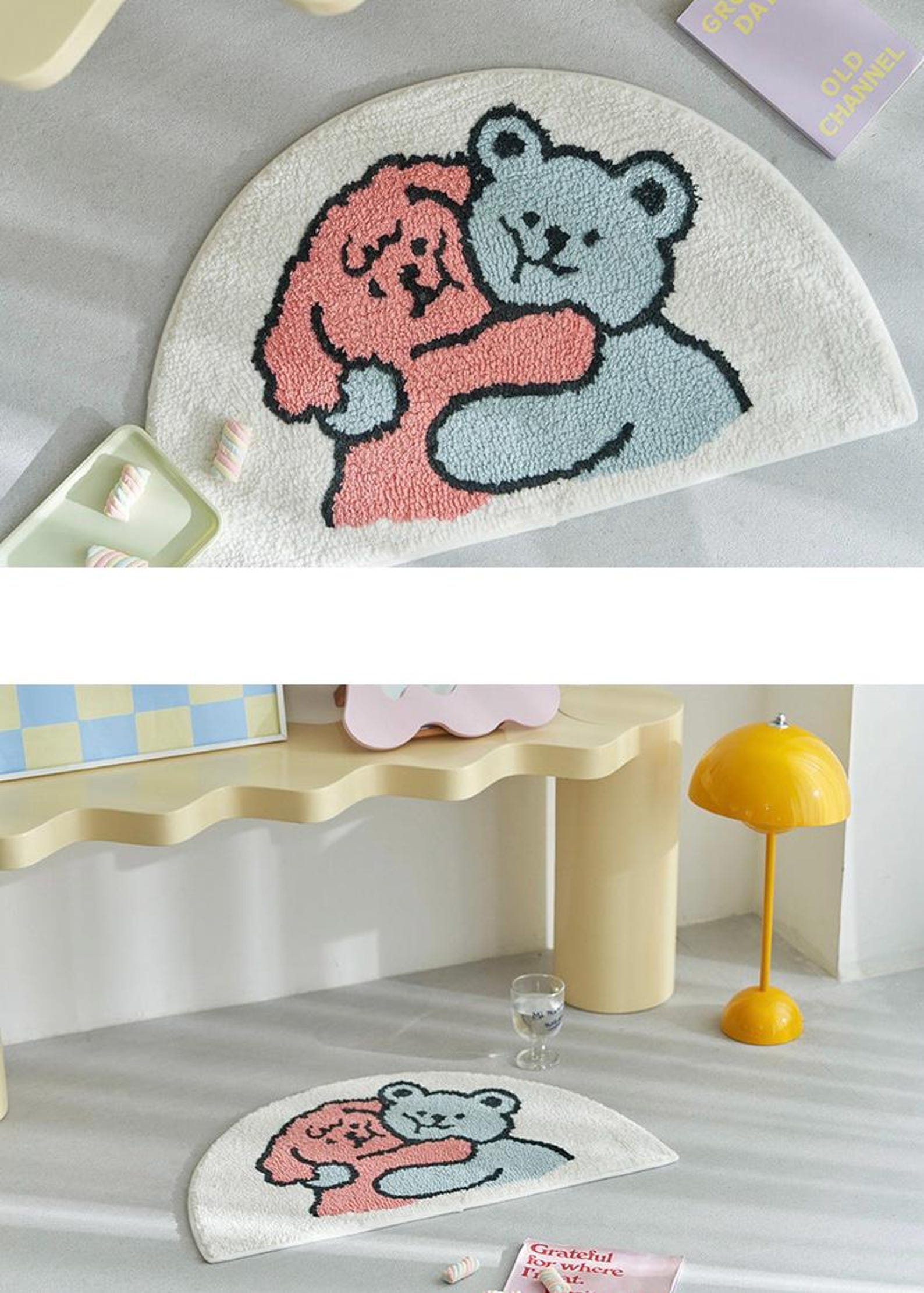 Retro Kitsch Bear Half Moon Bath Mat – Cute Colorful Rug for Kids Room ...