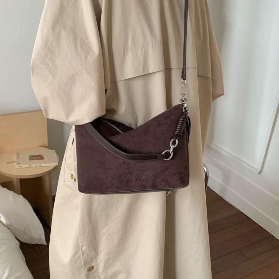 Minimal Suede Shoulder Bag, Soft Faux Suede Hobo Purse With Chain Strap ...
