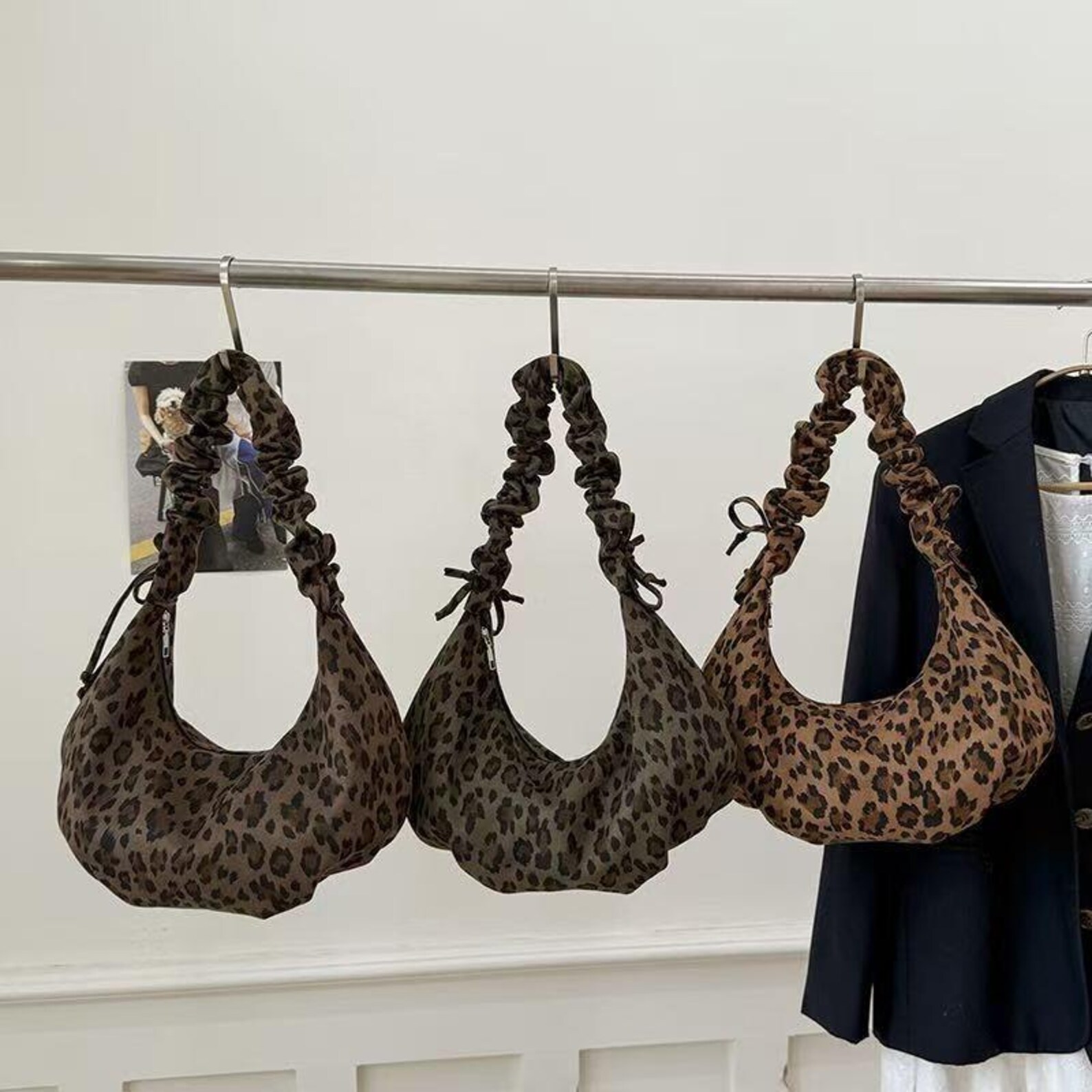 Leopard Shoulder Bag, Scrunch Strap Hobo Bag, Y2K Leopard Purse, Soft ...