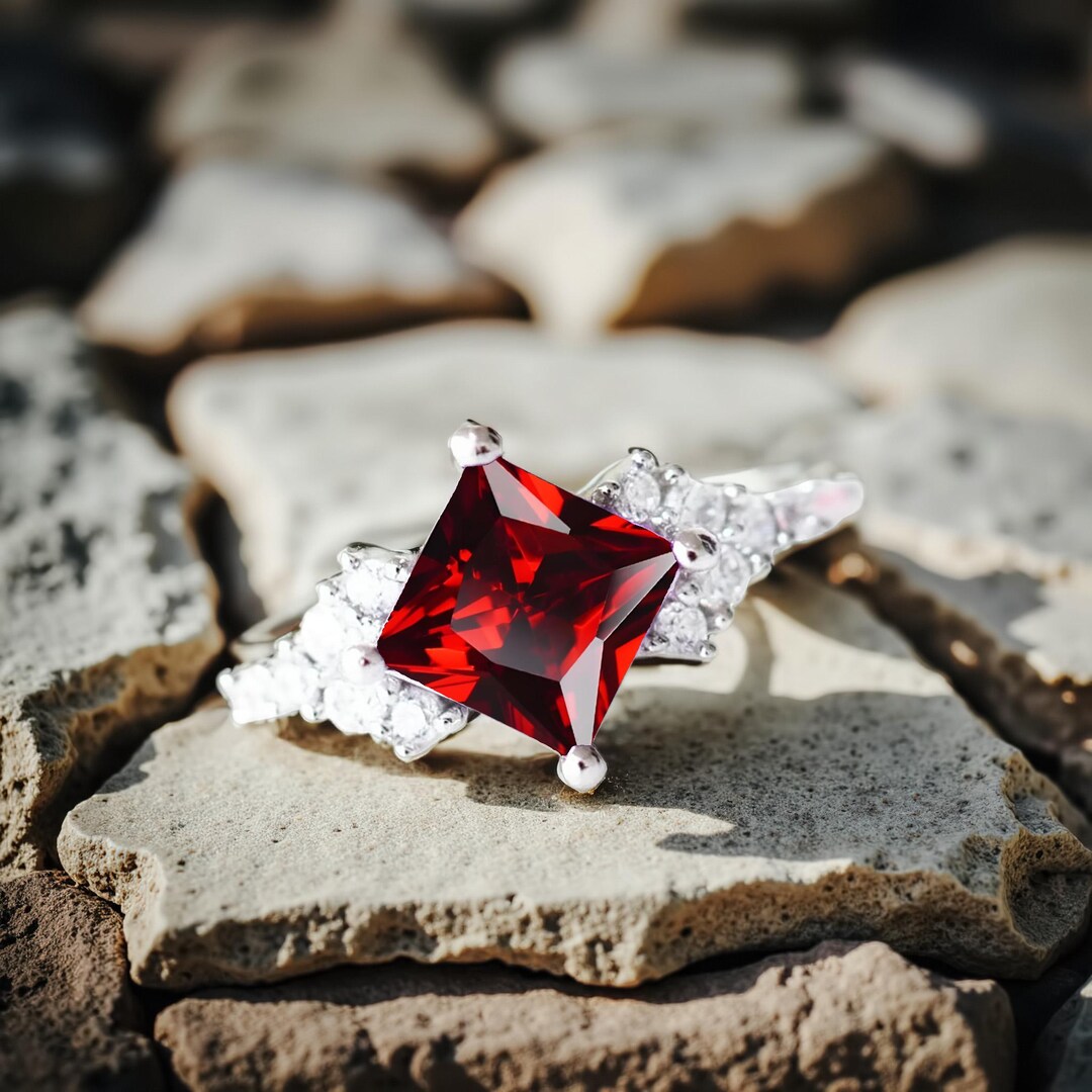 14K Gold Princess Cut Garnet Engagement Ring, Handmade Promise Ring ...