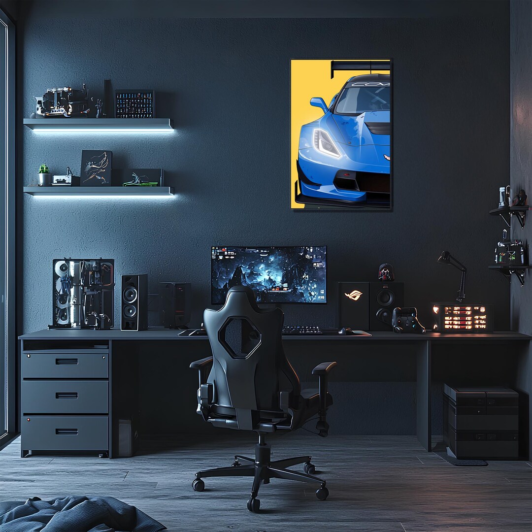 Blue Race Car Neon Wall Art , UV Printed LED Sign , Modern Garage, Man ...