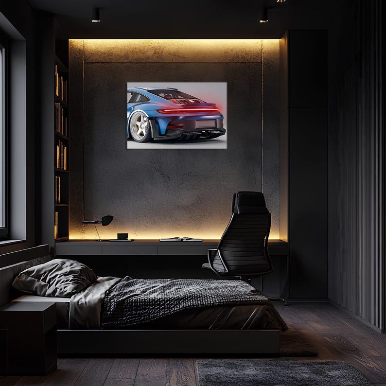 Automotive Car Neon Siluette, UV Print LED Wall Art, Racing Garage ...