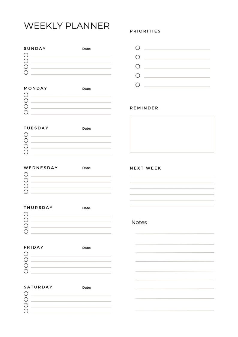 Weekly Planner, Printable PDF, Instant Download. - Etsy
