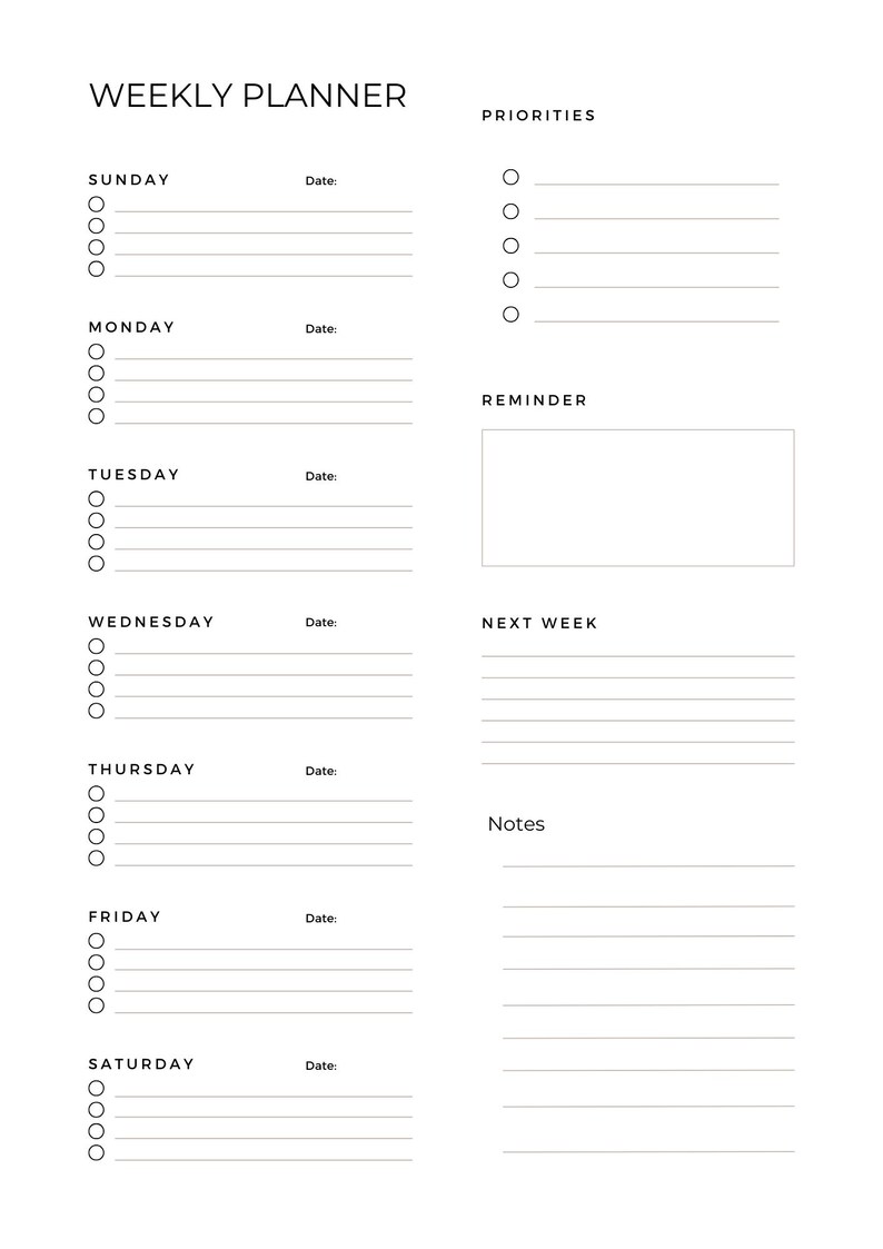 Weekly Planner, Printable PDF, Instant Download. - Etsy