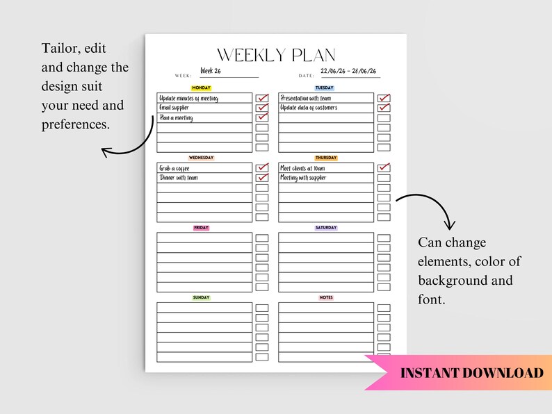 Weekly Planner Editable, Printable Weekly Schedule, Minimal Week ...