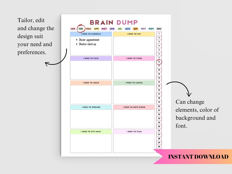ADHD Brain Dump Editable Cheat Sheet, ADHD Daily Planner, Priority ...