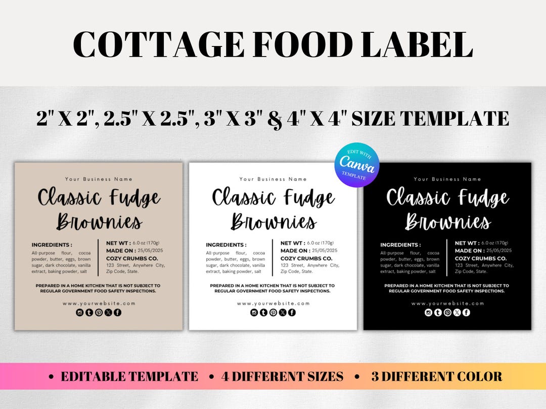 Cottage Food Brownies Labels Template, Bakery Ingredients Stickers ...