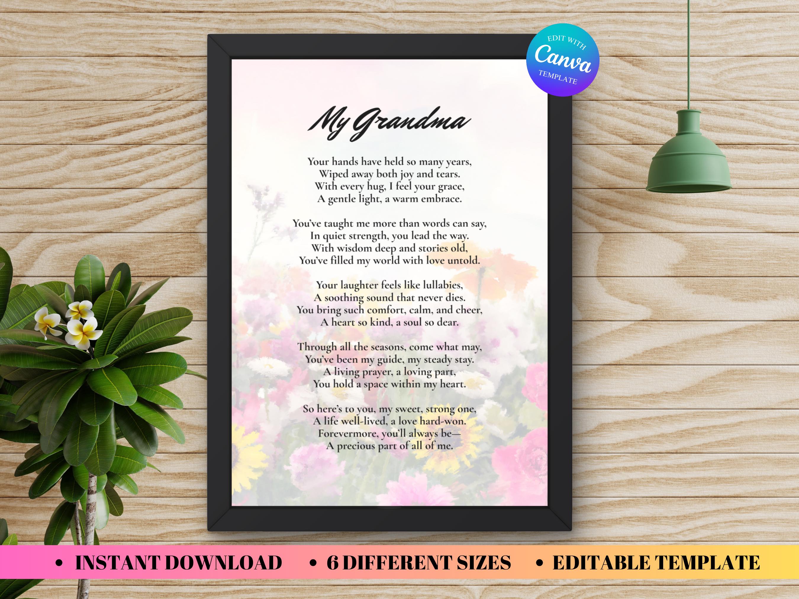 My Grandmother Poem, Grandmother Memory Poem Printable Wall Art, Poem ...