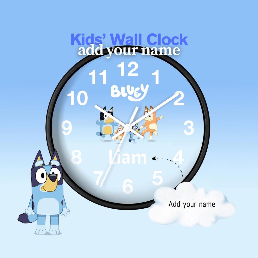 Bluey Custom Name Wall Clock I Personalized Gift for Kids Room Nursery ...