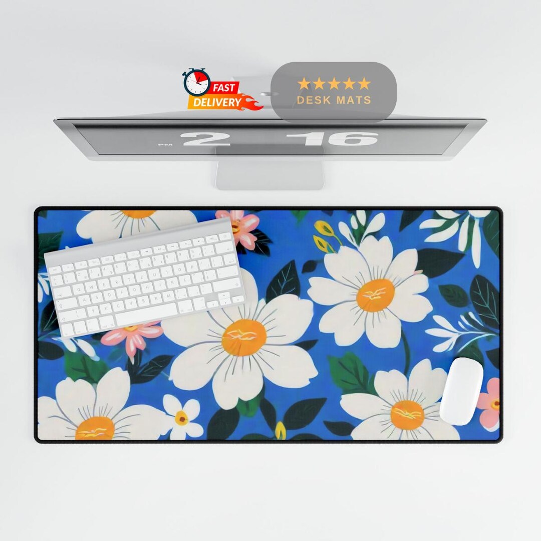 Daisy Pattern on Blue, Desk Mat Mousepad Office Home, Desk Mat, Fabric ...