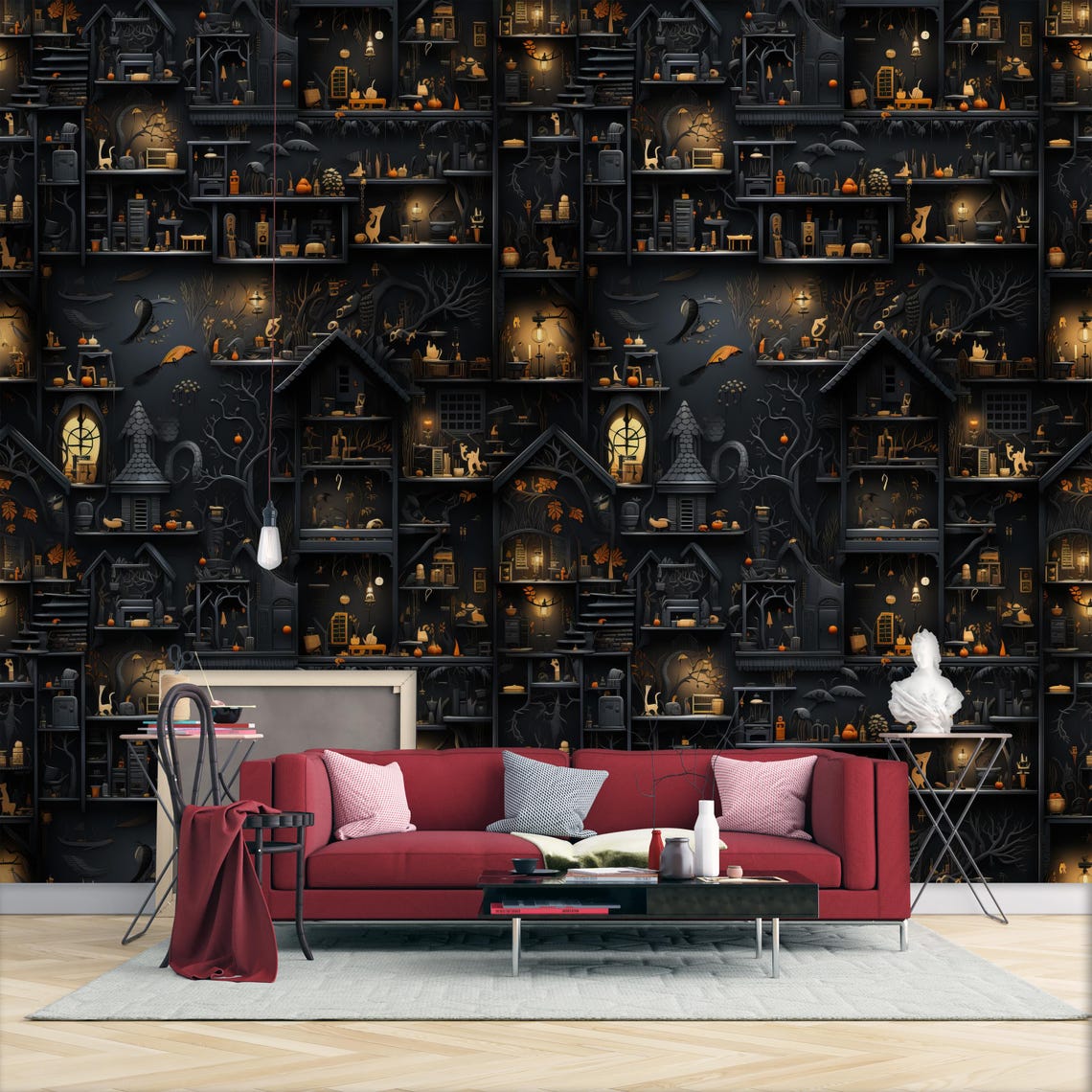 Haunted House Halloween Wallpaper - Spooky Gothic Dollhouse Mural - Etsy