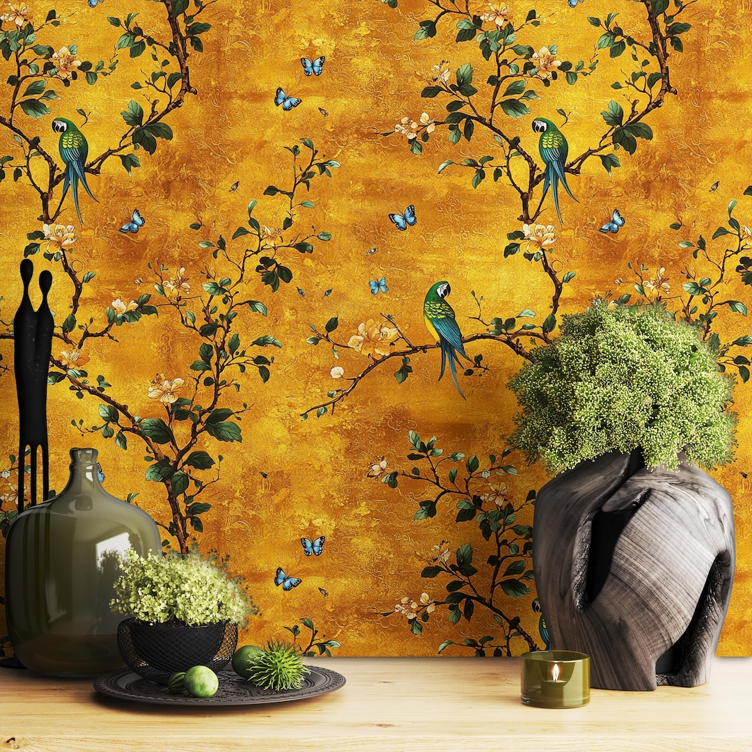Luxury Chinoiserie Wallpaper - Gold Bird Floral Wall Mural - Etsy