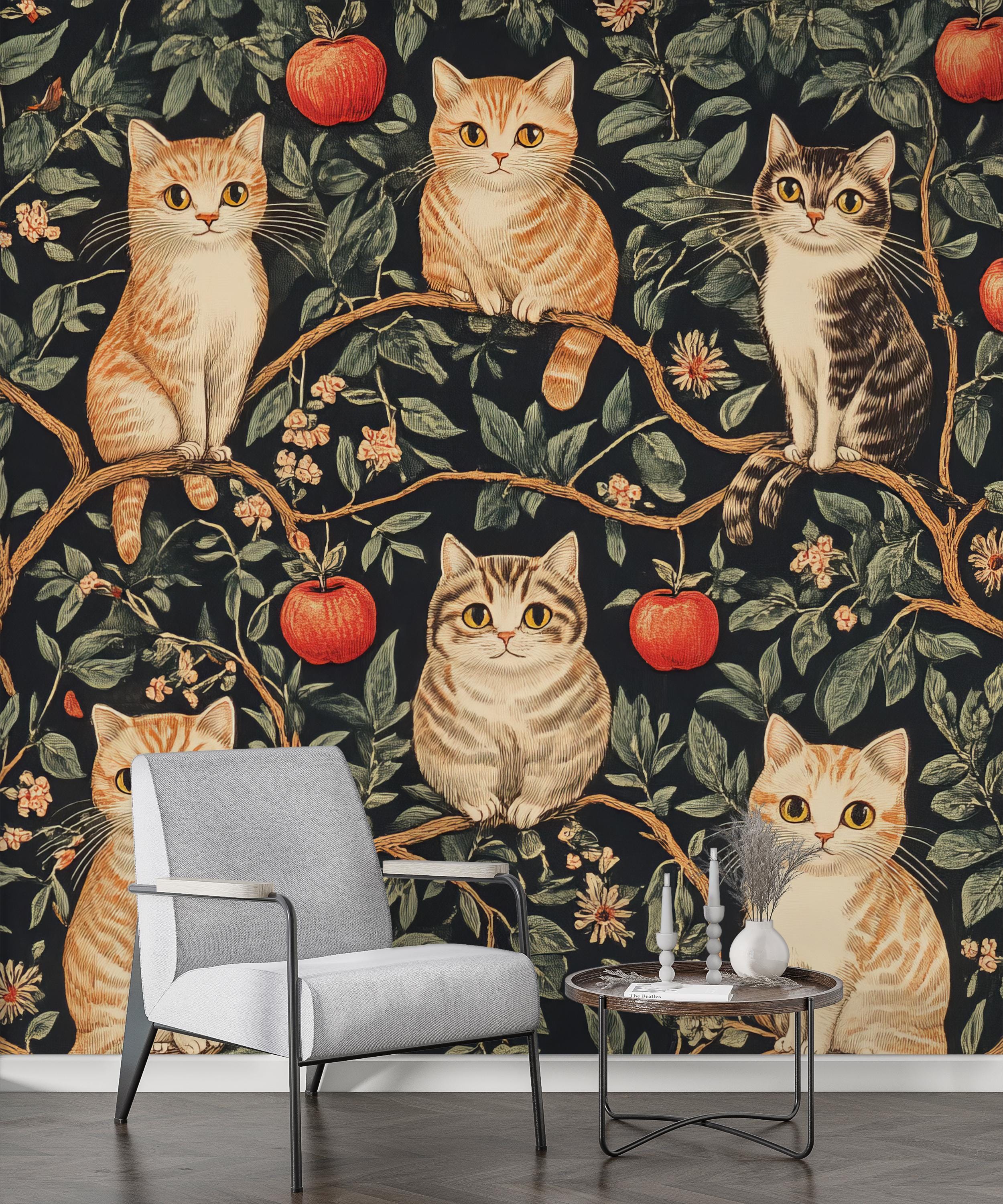 Vintage Cat Wallpaper- Whimsical Feline Botanical Mural - Etsy