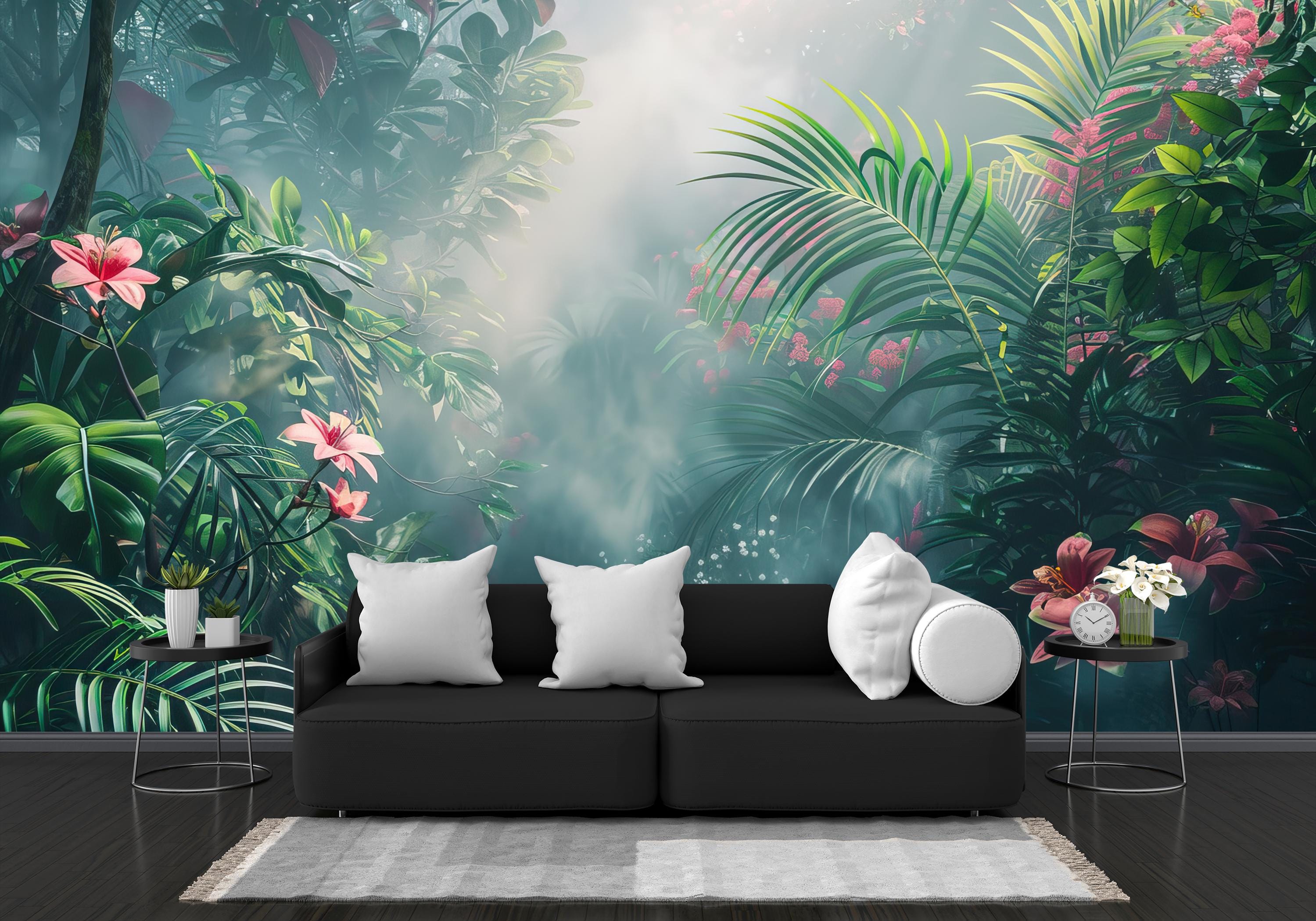 Tropical Floral Wallpaper | Tropical Forest Wall Mural | Lush Greenery ...