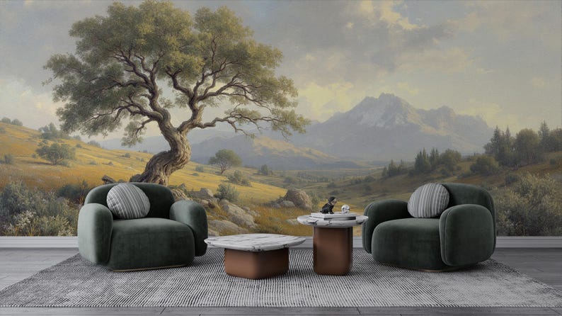Mountain Tree Landscape Wall Mural: Rustic Scenic Wallpaper - Etsy