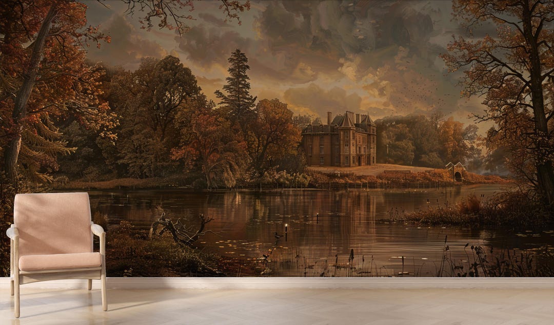 Vintage Autumn Manor Wallpaper I Gothic Autumn Landscape Mural I Cozy ...