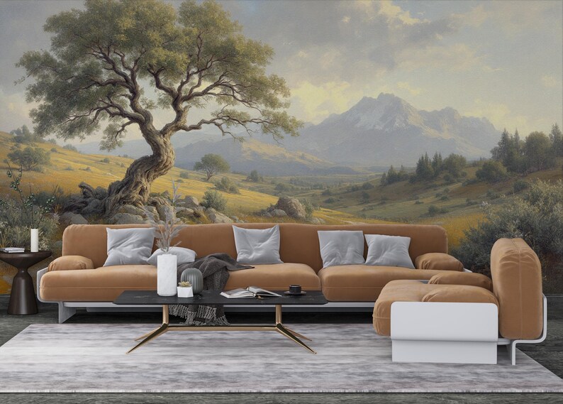 Nature-inspired Wall Mural With Majestic Tree & Mountains | Scenic ...