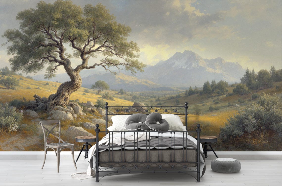 Mountain Tree Landscape Wall Mural: Rustic Scenic Wallpaper - Etsy