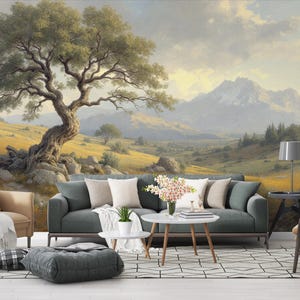 Nature-inspired Wall Mural With Majestic Tree & Mountains | Scenic ...