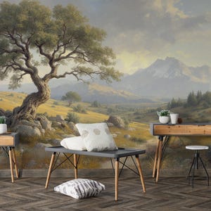 Nature-inspired Wall Mural With Majestic Tree & Mountains | Scenic ...