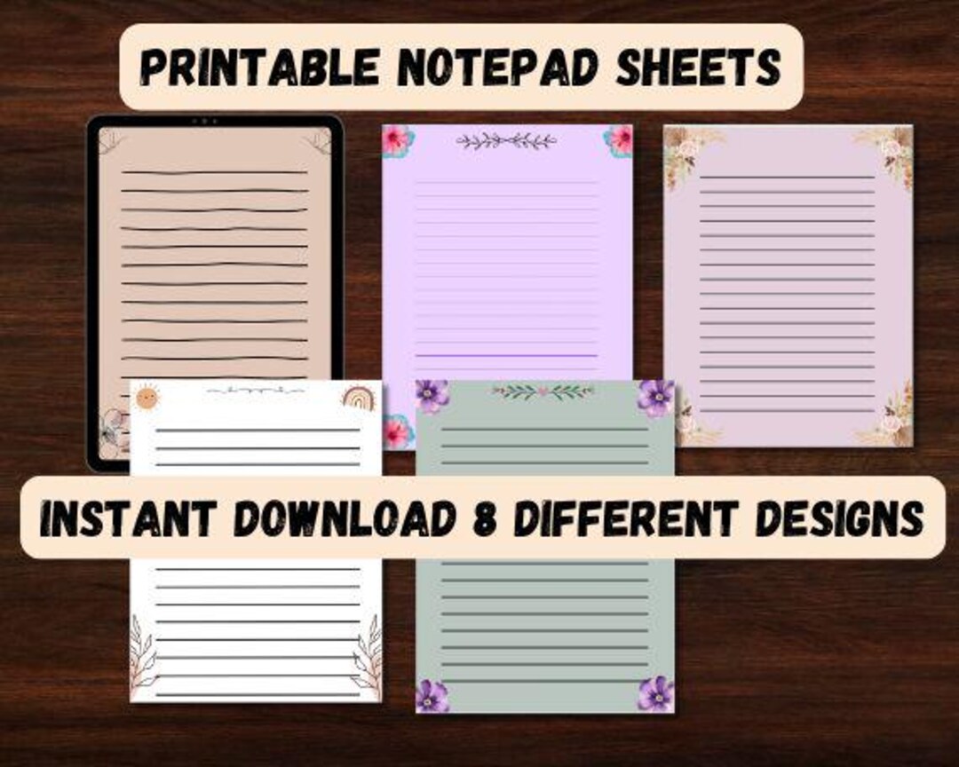 Printable Notepad Sheets Pack of 8 - Etsy