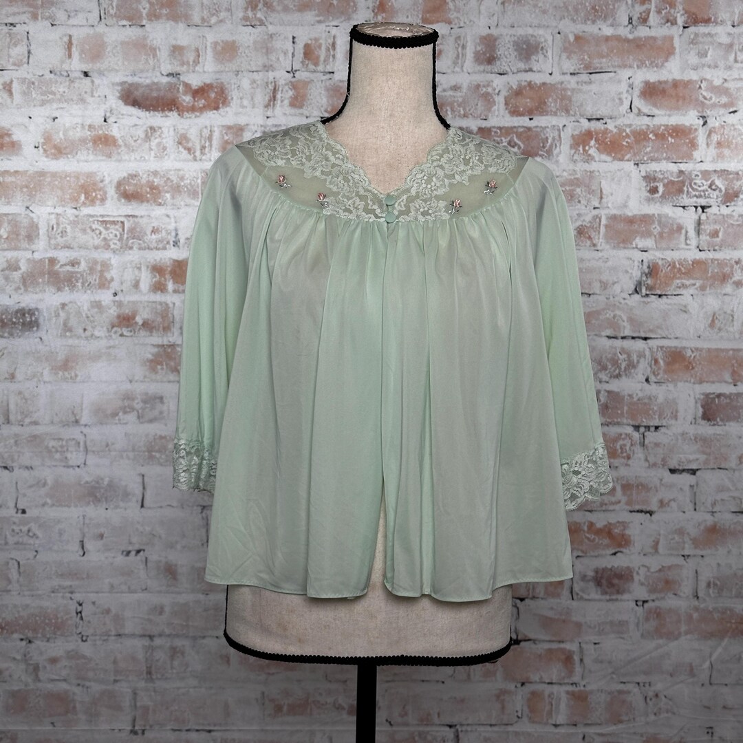 True Vintage 1970s Shadowline Women’s Pastel Green Rose Embroidered Button Down Semi-open ...