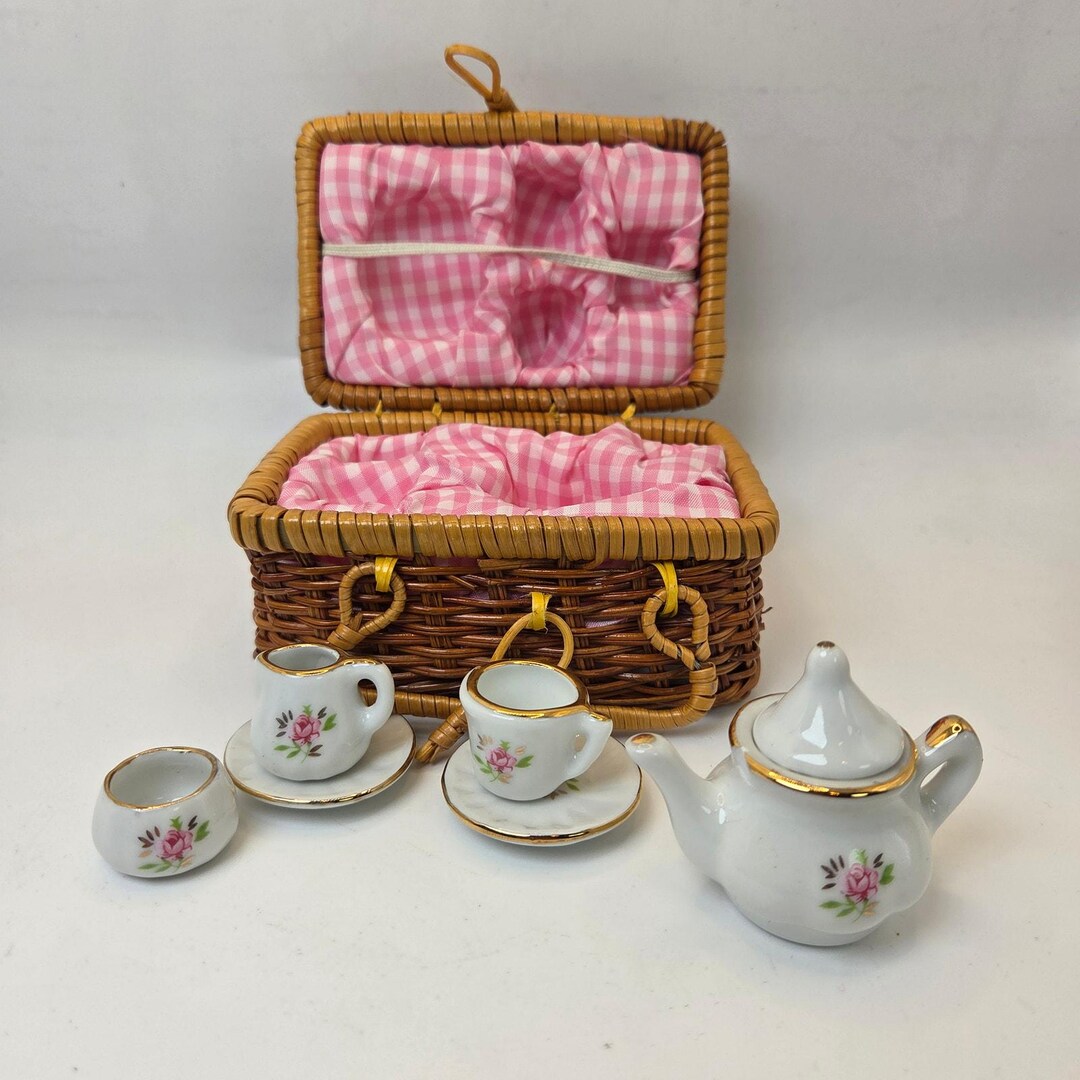 Delton Miniature Porcelain Tea Set Basket Floral China Dollhouse - Etsy